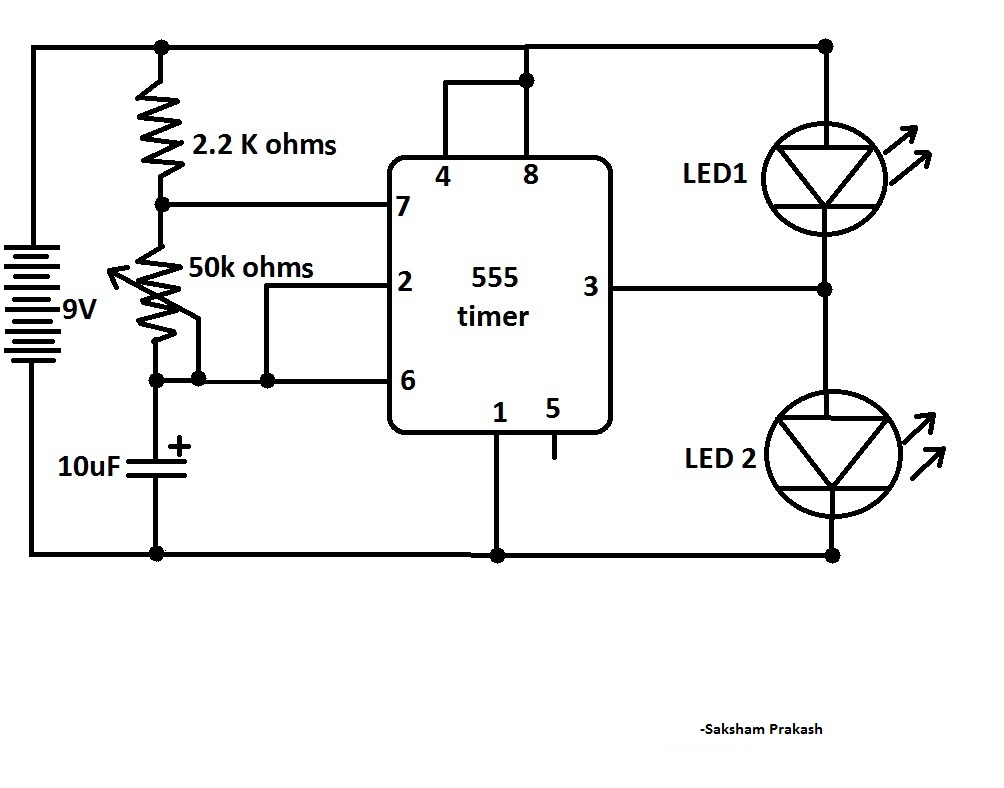 Blink Two LEDs Alternatively With 555 IC Classic IC Circuit Diagram II Blink Two LEDs Alternatively With 555 IC Classic IC Circuit Diagram II